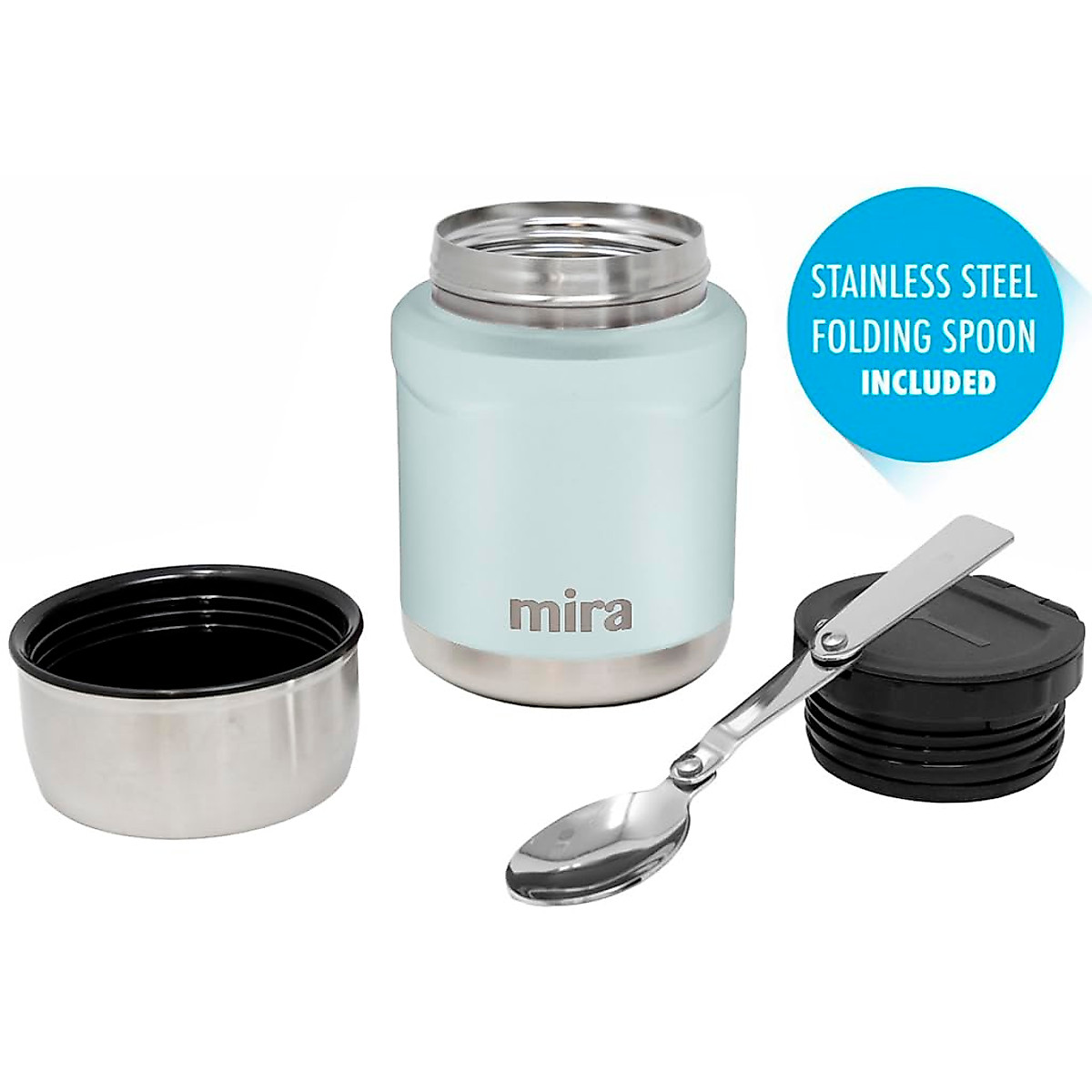 MIRA 15 oz Insulated Food Thermos for hot and cold foods - Leak-Proof Stainless Steel Container with Spoon - Pearl Blue