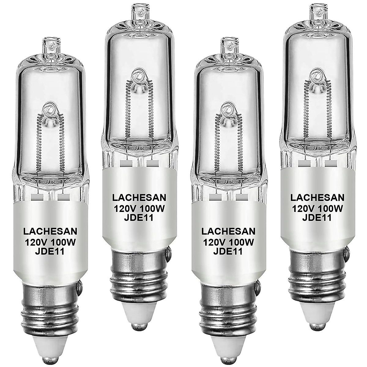 Lachesan JDE11 120v 100w, E11 Halogen Bulb（Replacement E11 Led Bulb） T4 Mini Candelabra Base, 2700K Warm White Dimmable for Chandeliers, Ceiling Fan, Table Lamps, Cabinet Lighting, 4 Pack