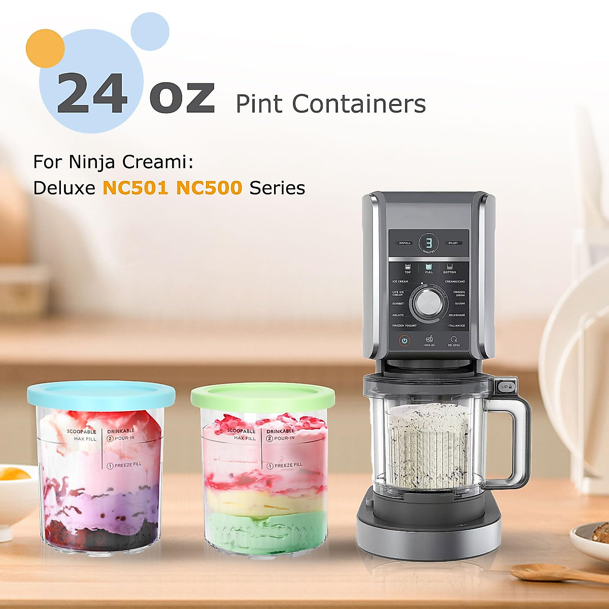 For Ninja Creami Deluxe Pints- 2 Pack, NC500 NC501 Ice Cream Pint fit for Ninja Delux Ice Cream Maker, For Ninja Creami Deluxe Containers Hold 24 Ounces of Food, Dishwasher Safe