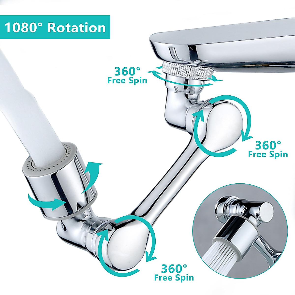 1080°Swivel Faucet Extender, Sink Water Faucet Aerator Extension in Brass, Swivel Robotic Arm Bathroom Faucet Extender, Kitchen Rotating Extension Filter with 2 Mode Splash