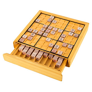 Sudoku Set - Wood Number Tiles, Game Board, and Tile Storage Drawer with Puzzle Book - 100 Challenging Brain Teasers for Adults and Kids