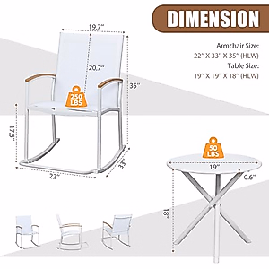 Shintenchi 3 Piece Outdoor Rocking Bistro Set, Textilene Fabric Small Outdoor Furniture, Front Porch Rocker Chairs Conversation Set with Table for Lawn, Garden, Balcony, Poolside (White)