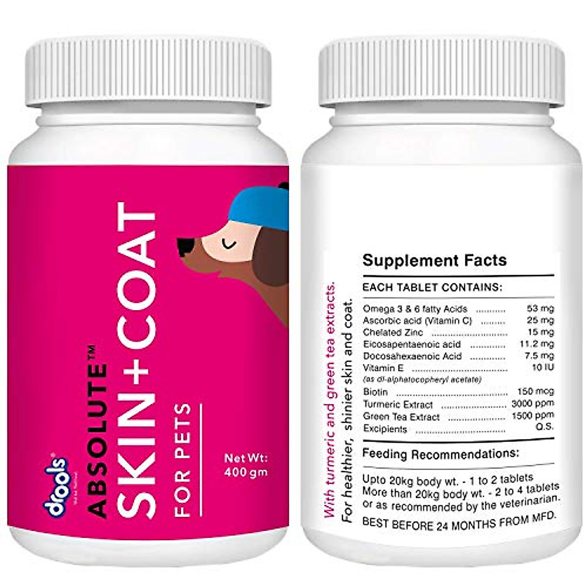 Drools Absolute Skin + Coat Tablet- Dog Supplement, 110 Piece for All Breed Sizes for Dogs Preservative-Free