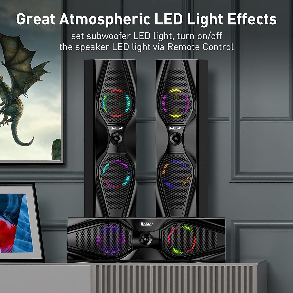 Bobtot Surround Sound Speakers 1200W Peak Power Home Theater System with RGB Lights - 10" Subwoofer 5.1/2.1 Wired Stereo System Strong Bass Bluetooth Input Home Audio System