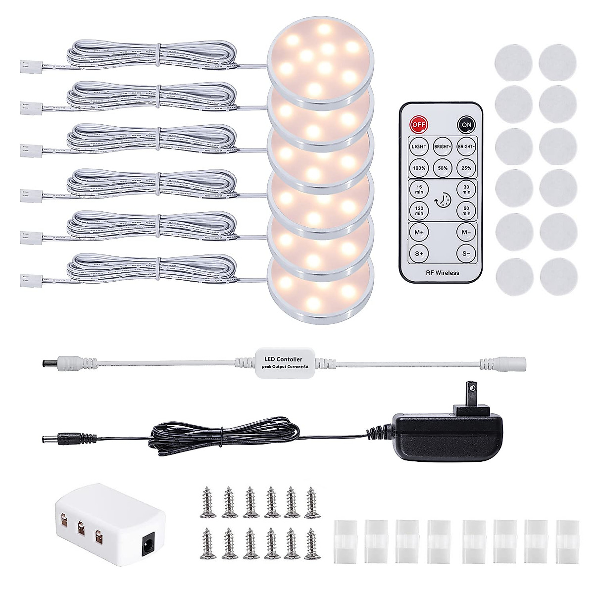 LED Dimmable Under Cabinet Lighting Kit,12V 6 Pack Wired Puck Lights with Remote Control, Plug in Under Counter Lighting Fixtures for Kitchen,Bookcase,Showcase,Shelf (Warm White)