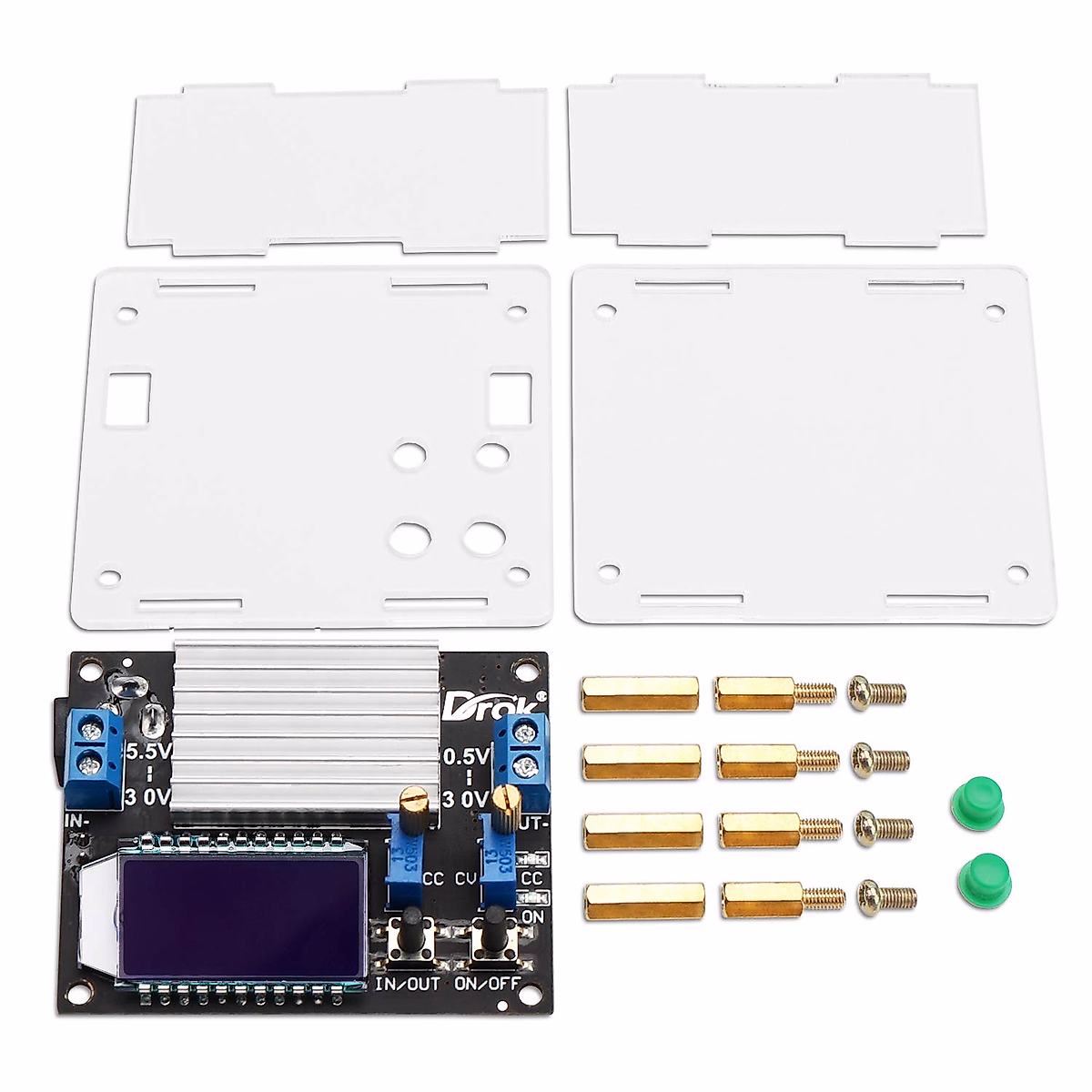 DROK Boost Buck Converter, DC 5.5-30V to 0.5-30V 5V 12V 24V Output Adjustable Power Supply Regulator Module, 4A 35W High Power Voltage Step Up Down Converter Board with Case LCD Display