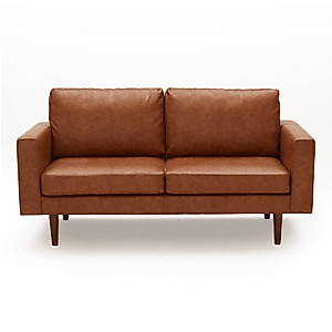 Kingfun 65" Loveseat Sofa, Faux Leather Love Seat Couch, Mid Century Modern Couch with Solid Wooden Frame for Living Room & Bedroom in Small Spaces, Brown