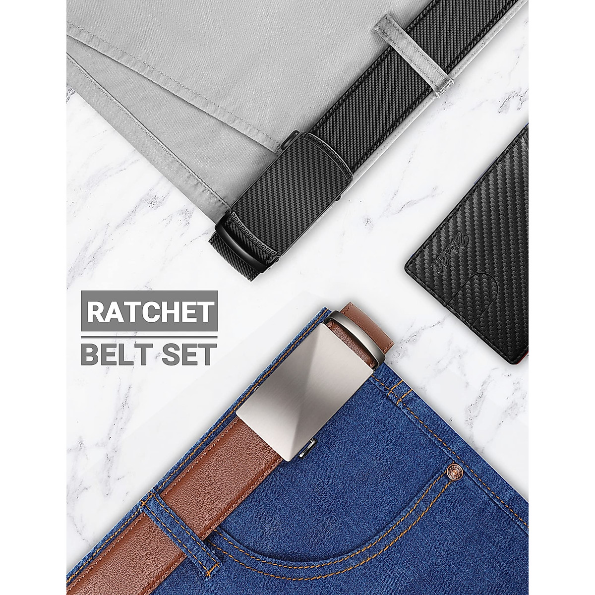 Zitahli Ratchet Belt for Men - Mens belt Leather 2 Packs with 1 3/8" Brown Black Slide Belt in Gift Set Box - Micro Adjustable Men Belt Buckle Fit Everywhere Size 28"-36"