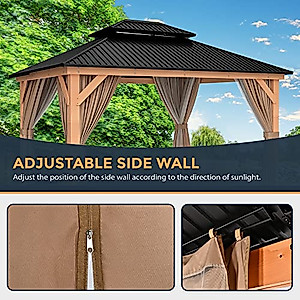 HAPPATIO 11' × 13' Wood Gazebo, Outdoor Hardtop Gazebo with Mosquito Netting and Curtains, Double Metal Roof Patio Gazebo Hard Top Gazebo for Garden, Patio, Deck, Parties (Brown)