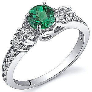 PEORA Simulated Emerald Solstice Ring for Women 925 Sterling Silver, 5mm Round Shape, Comfort Fit, Size 7