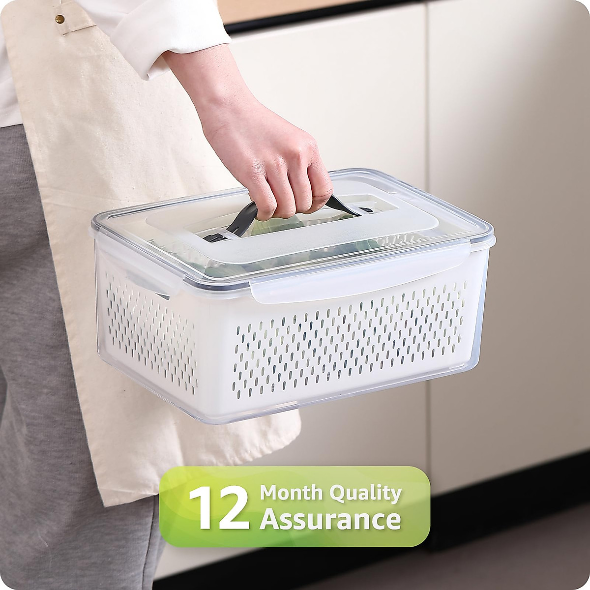Large Produce Saver with Removable Colander and Handle, Vegetable Storage Keeper Airtight Leakproof Keep Fresh Longer Lettuce Containers BPA-FREE Big Size Veggies Banana Fruit Preserver 14 Cup/3.3L