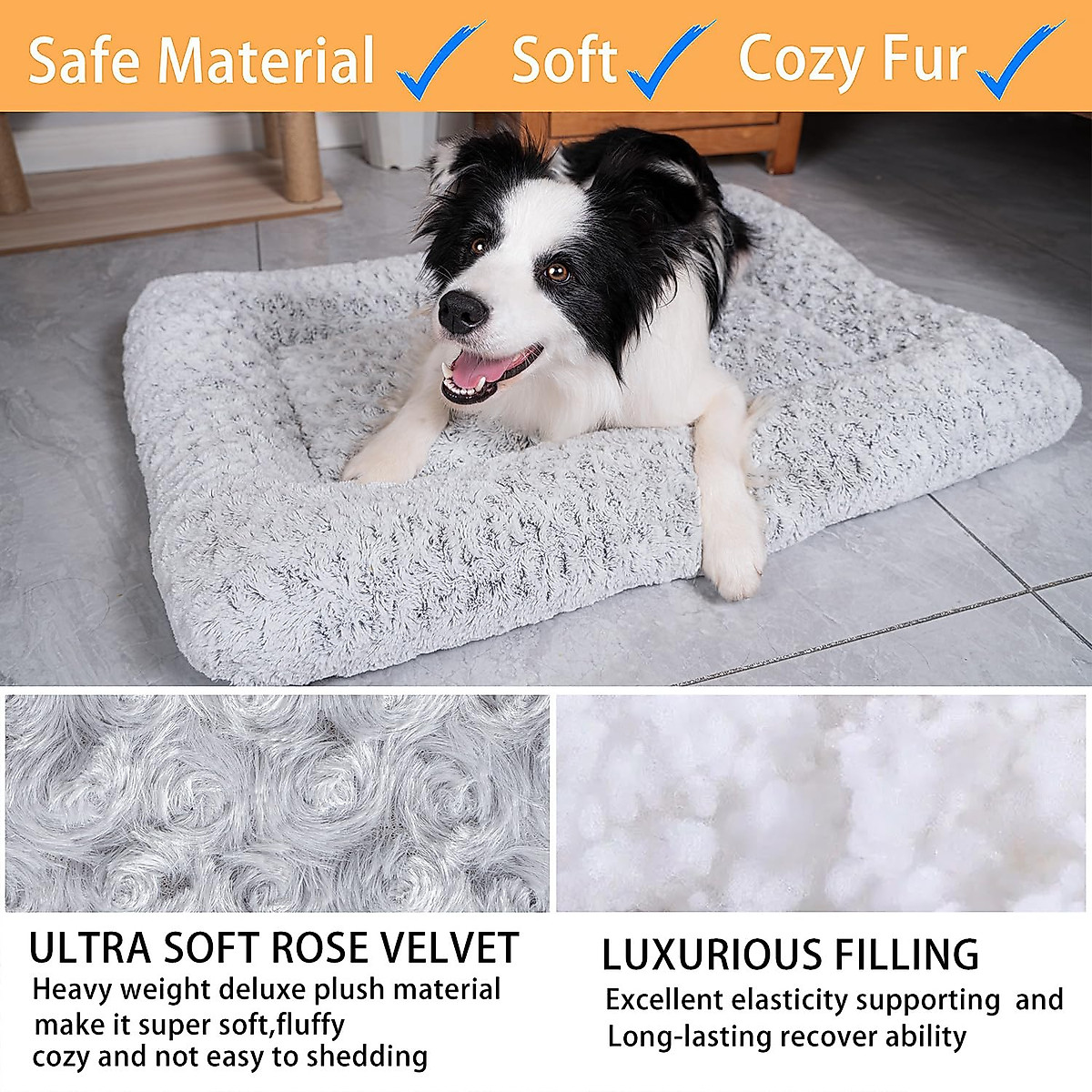 Dog Beds Crate Pad for Medium, Large Dogs, Deluxe Rose Plush Cat Sleeping Mats, Fits Crate Kennel Cage, Anti-Slip Pets Pillow, Washable Ultra Soft Fluffy Dog Bed for Crate (35"x23"Grey)