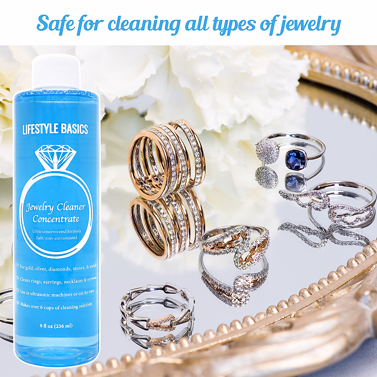 Lifestyle Basics Jewelry Cleaner Solution Liquid Concentrate 8 oz | Cleans Rings, Earrings, Necklaces, Eyewear | Safe for Diamonds, Gold, Silver, Gemstones, and Metals | 1 Bottle Makes 8 Cups