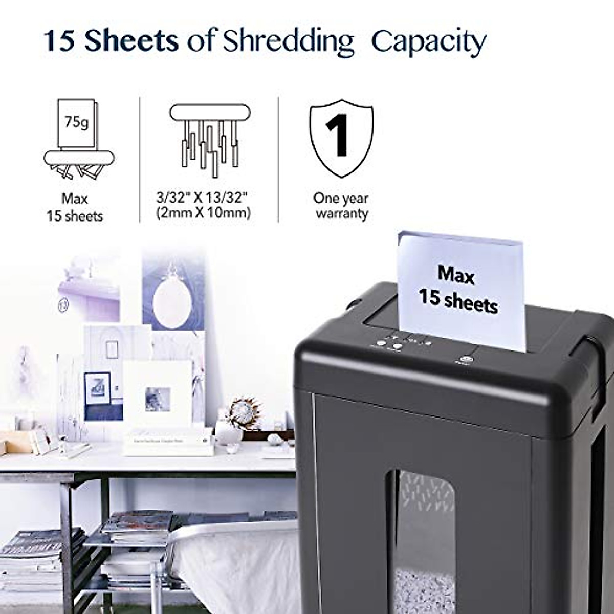 WOLVERINE 15-Sheet Super Micro Cut High Security Level P-5 Heavy Duty Paper/CD/Card Shredder for Home Office, Ultra Quiet by Manganese-Steel Cutter and 8 Gallons Pullout Waste Bin SD9520 (Black ETL)