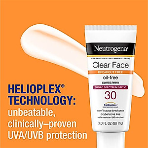 Neutrogena Clear Face Liquid Sunscreen for Acne-Prone Skin, Broad Spectrum SPF 30 Sunscreen Lotion with Helioplex, Oxybenzone-Free, Oil-Free, Fragrance-Free; Non-Comedogenic, 3 fl. oz