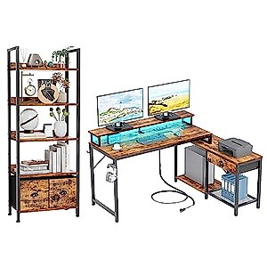 Furologee L Shaped Computer Desk and 5-Tier Bookshelf, Corner Gaming Desk with LED Lights & Power Outlets, Tall Bookcase with 2 Drawers for Living Room, Home Office, Bedroom, Rustic Brown