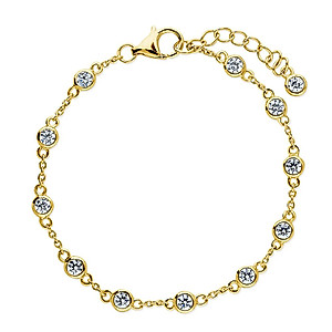 BERRICLE Sterling Silver Cubic Zirconia CZ by the Yard Station Bracelet for Women, Yellow Gold Flashed