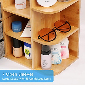 Makeup Organizer Countertop, Cosmetic Skincare Organizers With 3 Makeup Brush Holders/3 Drawers/7 Storage Shelves, Elegant Bamboo Make Up Storage Organizers Holder For Counter Vanity Dresser Bathroom