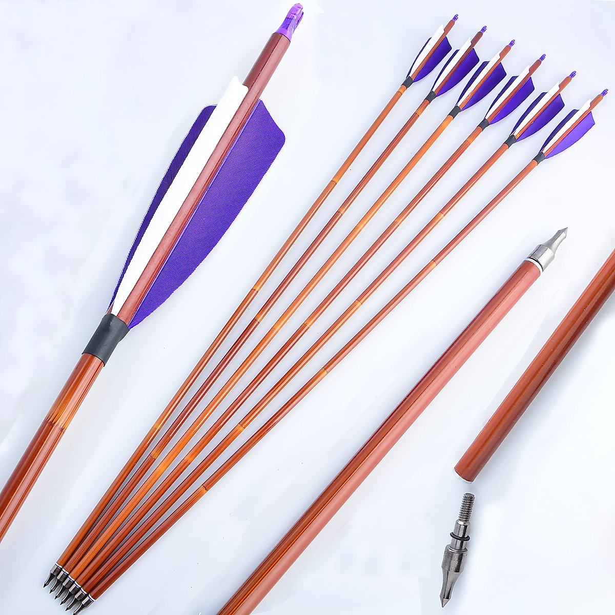 AMEYXGS 30inch Carbon Arrows Hunting Aiming Practice Arrows Spine 500 with 4inch Shield Turkey Feather Detachable Arrowhead for Recurve Compound Bow Longbow 12pcs (12Pcs Purple)