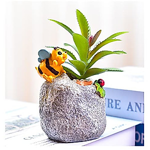 Novelty and Cute Little Bee Flowerpot with Drainer Garden Flowerpot Resin Succulent Potted Bonsai Plant Stand Home Office Desk Mini Ornaments Does Not Contain Plants