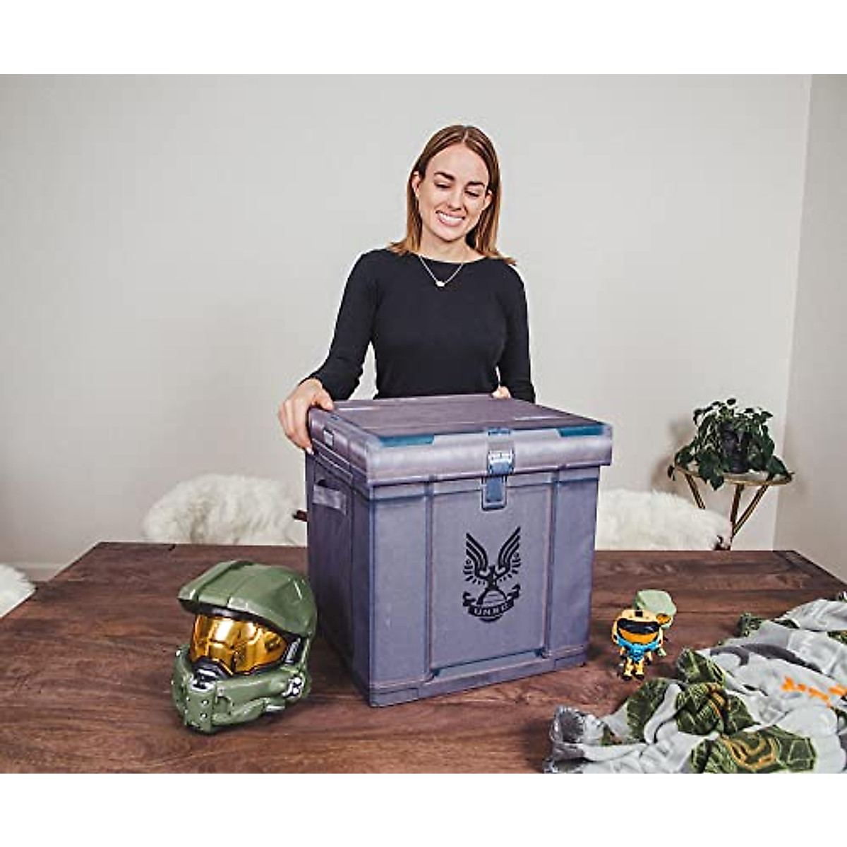 Ukonic Halo Ammo Crate 15-Inch Storage Bin Cube Organizer with Lid and Handles | Cubby for Closet, Shelves, Toys | Fabric Basket Container, Home Decor for Playroom | Video Game Gifts and Collectibles