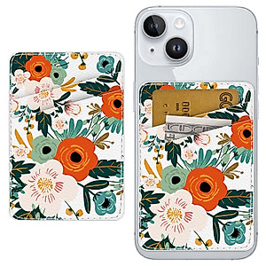 Leather Phone Card Holder Phone Wallet, Stick Back Phone Wallet Sticker Stylish Phone Case Credit Card Holder, Suitable for iPhone, Samsung, Android and Most Smart Phones.Green Leaf Flower