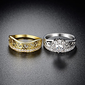 Mytys 18K Gold Plated Two-in-One Rings for Women Wedding Engagement Eternity Rings Halo Cubic Zirconia Bridal Rings Set Size 8