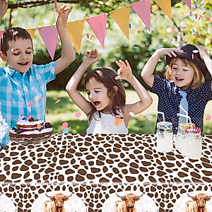 3Pcs Highland Cow Tablecloth Brown Cow Print Table Cover Kids Birthday Party Disposable Rectangle Plastic Waterproof for Baby Shower Decorations 54 x 108 inches