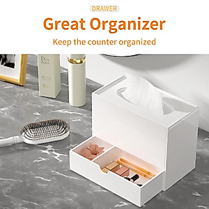 Femeli Acrylic Tissue Box Cover, White Multifunctional Tissue Box Organizer,Modern Rectangular Tissue Box Holder with Drawer for Bathroom,Bedrooms,Office