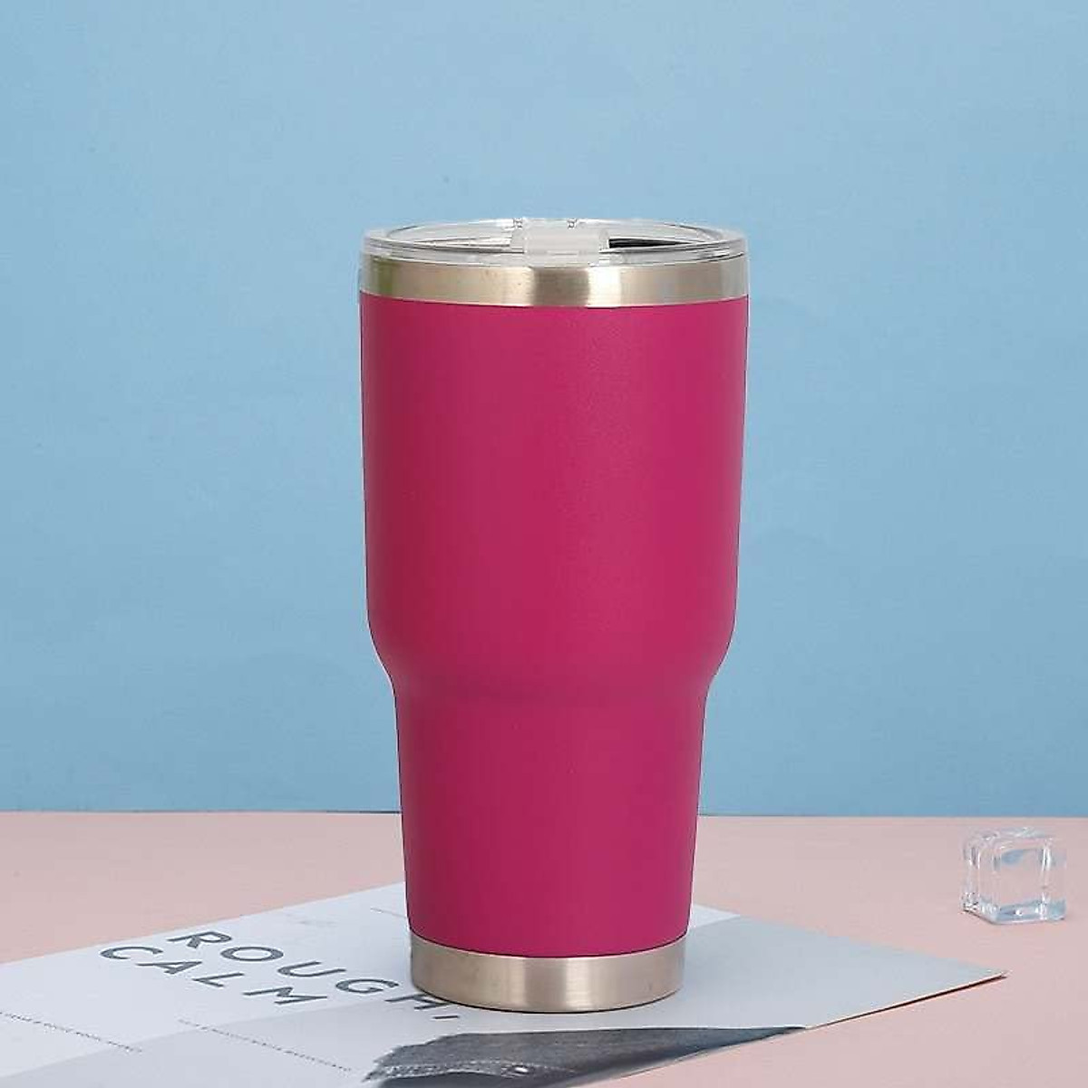 30oz Double Wall Vacuum Insulated Thermal Travel Tumbler Cup, Splash Proof Sliding Lid Simple and Modern design Reusable Stainless Steel Durable Coffee Tea Mug Iced Cold Brew Hot Drinks (Rose Red)