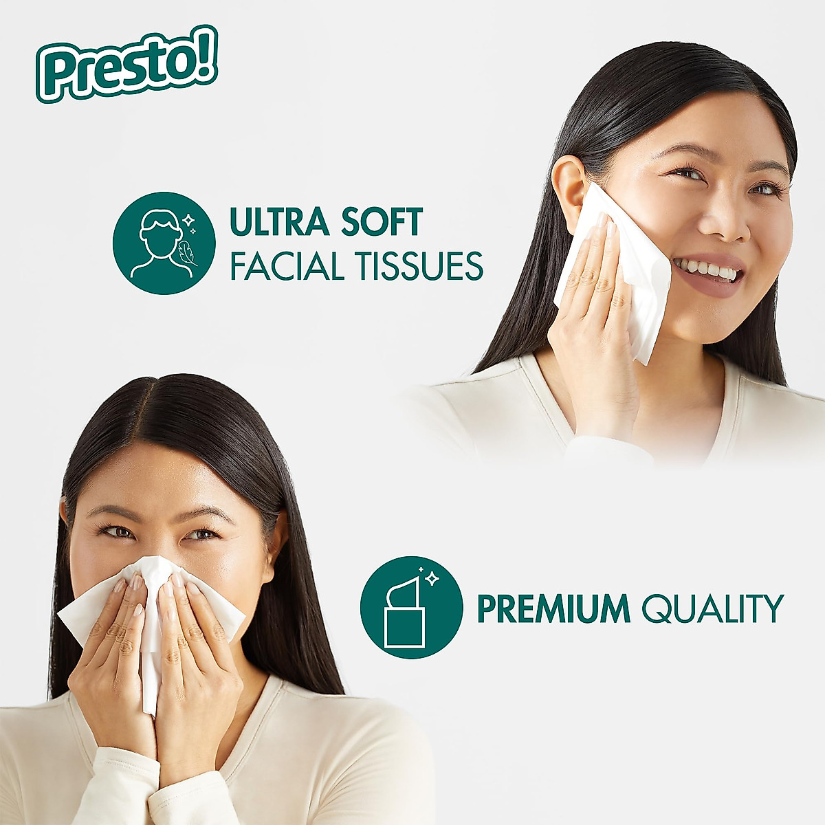 Amazon Brand - Presto! Ultra-Soft Facial Tissues, 3-Ply Premium Thick, 264 Count (4 Packs of 66)
