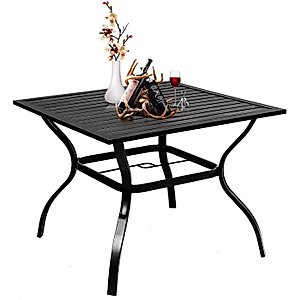 Omelaza 37" x 37" Patio Dining Table, Outdoor Square Bistro Metal Table with Steel Slat Table Top for Porch Deck Garden Backyard Poolside, 1.57" Umbrella Hole, Black