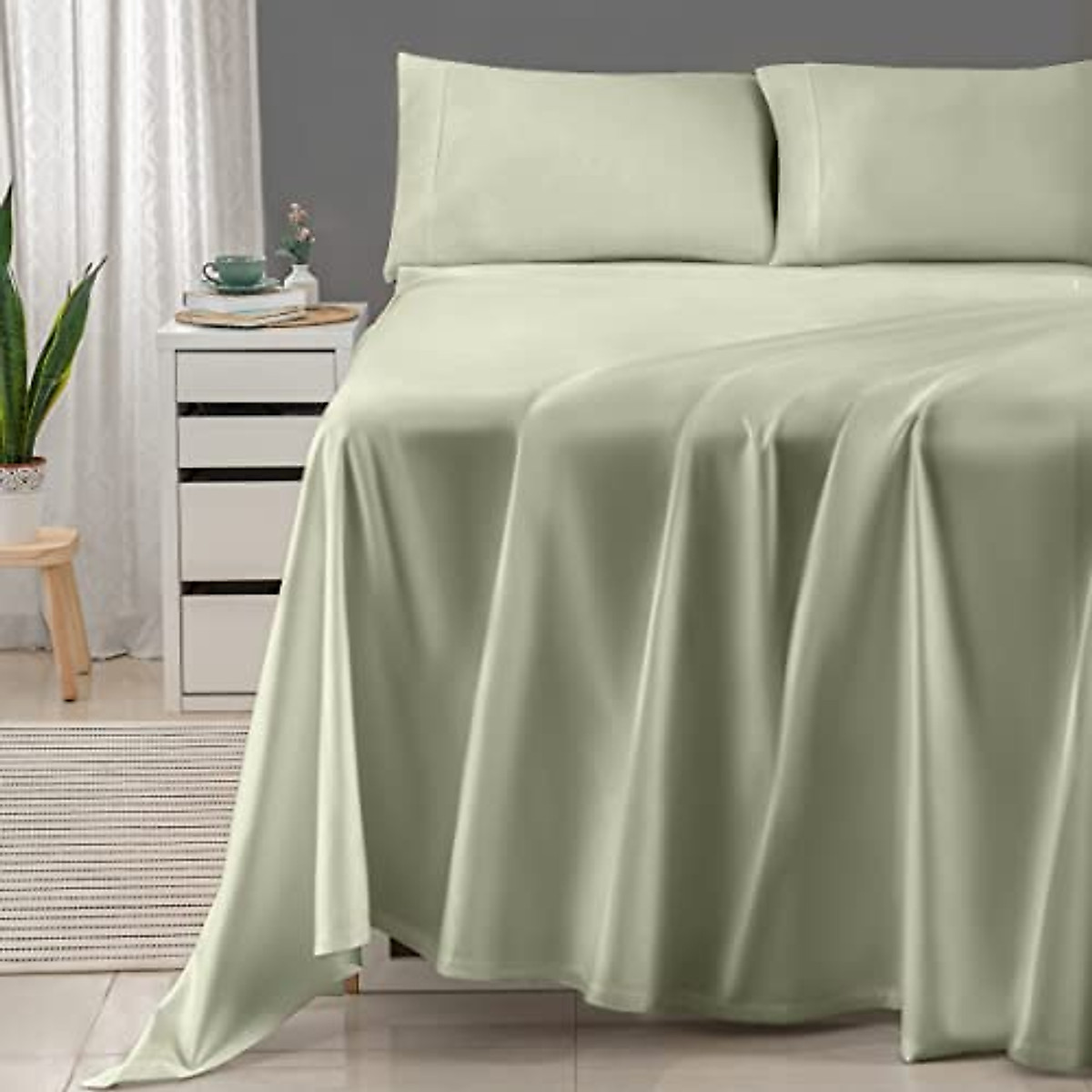 Threadmill 100% Cotton Sheets for Queen Size Bed - 600 Thread Count Queen Bed Sheets Set with 16” Deep Pocket - Sateen Weave 4-Piece Bedding Set with Cooling Effect, Sage Green
