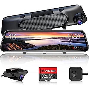 VVCAR Mirror Dash Cam 4K UHD, 12" Full Touch Screen Backup Mirror Camera, Rear View Mirror Camera Front and Rear Camera for Car,Type-C, 24Hr Parking Monitor, GPS, 32GB/u1 MicroSD Card Included - VC10