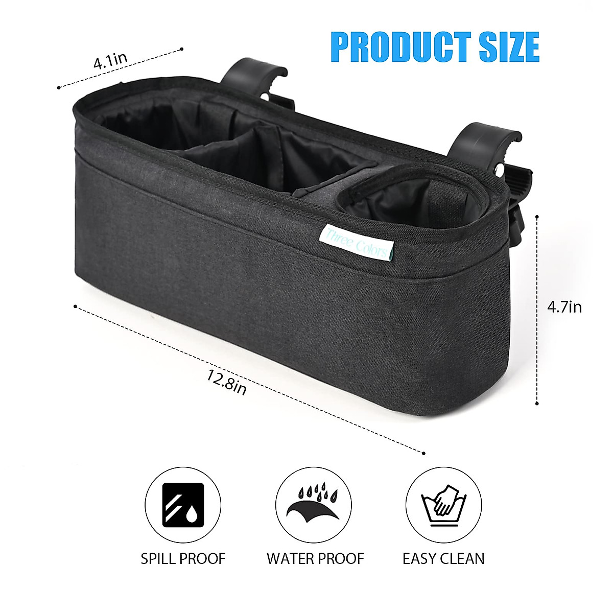 Three Colors Universal Stroller Tray, Stroller Cup Holder, Stroller Snack Tray, Stroller Accessories with Deeper Insulated Cup Holder, Upgraded Alligator Clamp Grip Firmly Stroller Bar, Black