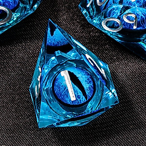OUKELANWO Liquid Core Dragon Eye D&D Dice with Gift Box, 7 Piece Dungeons and Dragons Polyhedral DND Dice Set, Floating Blue Sharp Edge RPG D and D Role Playing Dice D20 D12 D10 D8 D6 D4