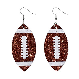 Handmade Faux Leather Football Ball Drop Earring Lightweight Sparkly Glitter Dangle Earring for Women Mother Statement Jewelry Sport Accessory-G browm