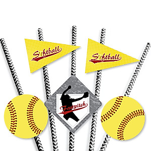 Big Dot of Happiness Grand Slam - Fastpitch Softball - Paper Straw Decor - Birthday Party or Baby Shower Striped Decorative Straws - Set of 24