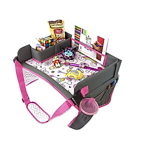 Thr33E Car Seat Kids Travel Tray - Travel Lap Desk Active Accessory for Child’s - Kids Tablet iPad Holder Stand Art Storage Pockets (Pink)