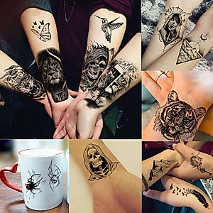 Shegazzi 62 Sheets Wolf Lion Skeleton Temporary Tattoos For Men Women Arm, 3D Realistic Tattoo Stickers For Adults Kids Neck, Black Scary Skull Halloween Vampire Fake Tatoos Snake Flower Compass