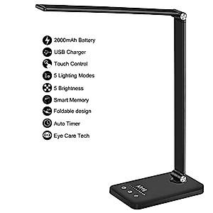 AFROG Multifunctional LED Desk Lamp,Rechargeable Table Lamp,with USB Charging Port,5 Lighting Modes,5 Brightness Levels,Touch Control,30/60 Min Auto Timer,Eye-Caring Office Lamp,5000K,8W