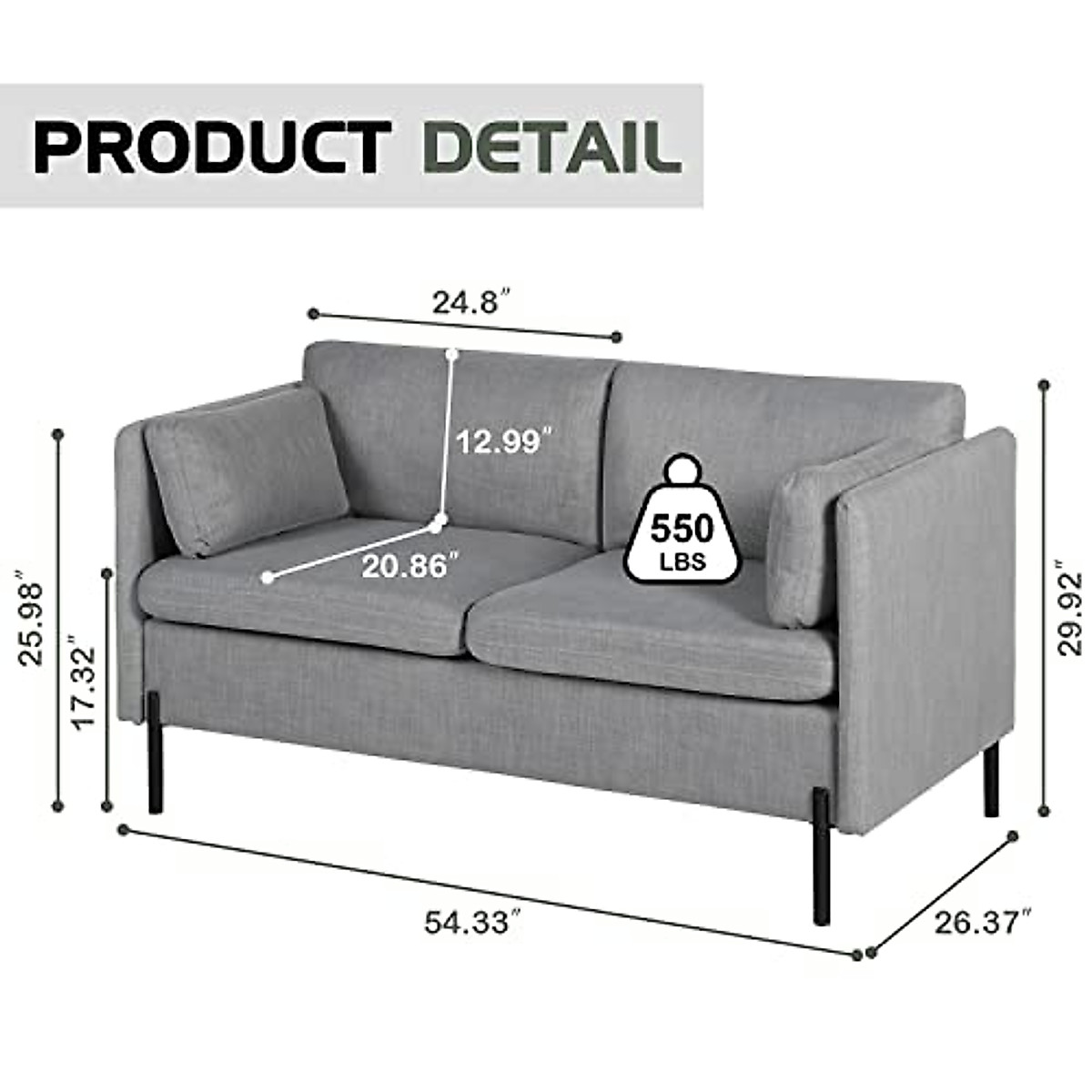 LINLUX 55''W Upholstered Modern Loveseat Sofa Couch for Living Room, Fabric Small Love Seat w/ 2 Pillows and Iron Legs, 2 Seat Small Couches for Small Spaces, Bedroom, Apartment, Office, Grey