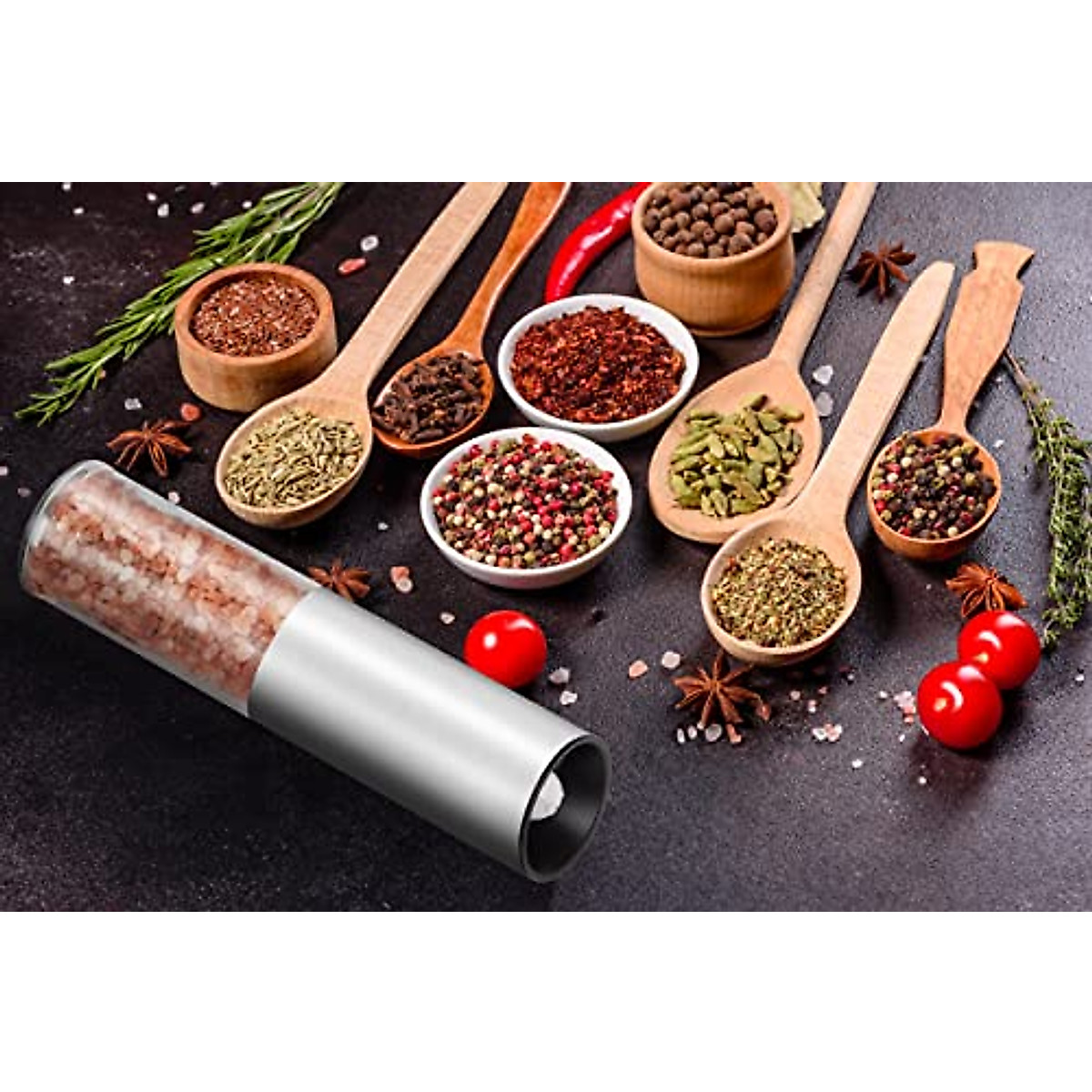USB Rechargeable Electric Gravity Salt and Pepper Grinder with Adjustable Coarseness Automatic Pepper and Salt Mill with White LED Light,One Hand Operated,Brushed Stainless Steel by CHEW FUN
