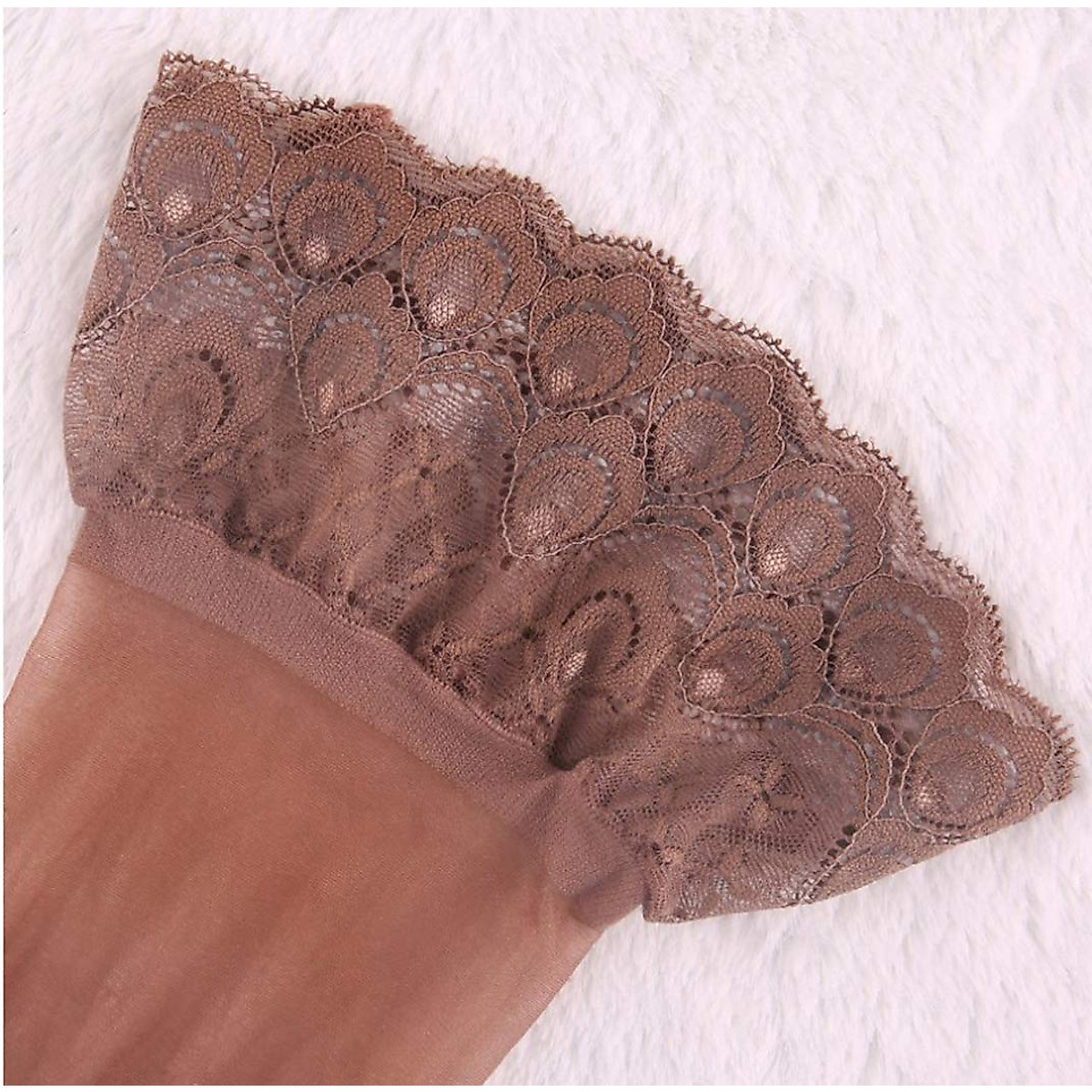 Long-Perfect Ultra Shiny Lace Top Thigh High Silk Stockings Shimmery Glossy Sheer Antiskid Silicone Tights 15 Den (Brown)