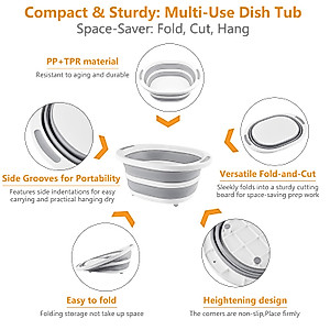 Collapsible Multi-Purpose Plastic Dish Basin 8L(2 Gallon), Space Saving Dish Tub, Folding Chopping Board, 3 in 1 Multifunction Camping Sink for Dish Washing, BBQ Prep, Camping (Gray-1)