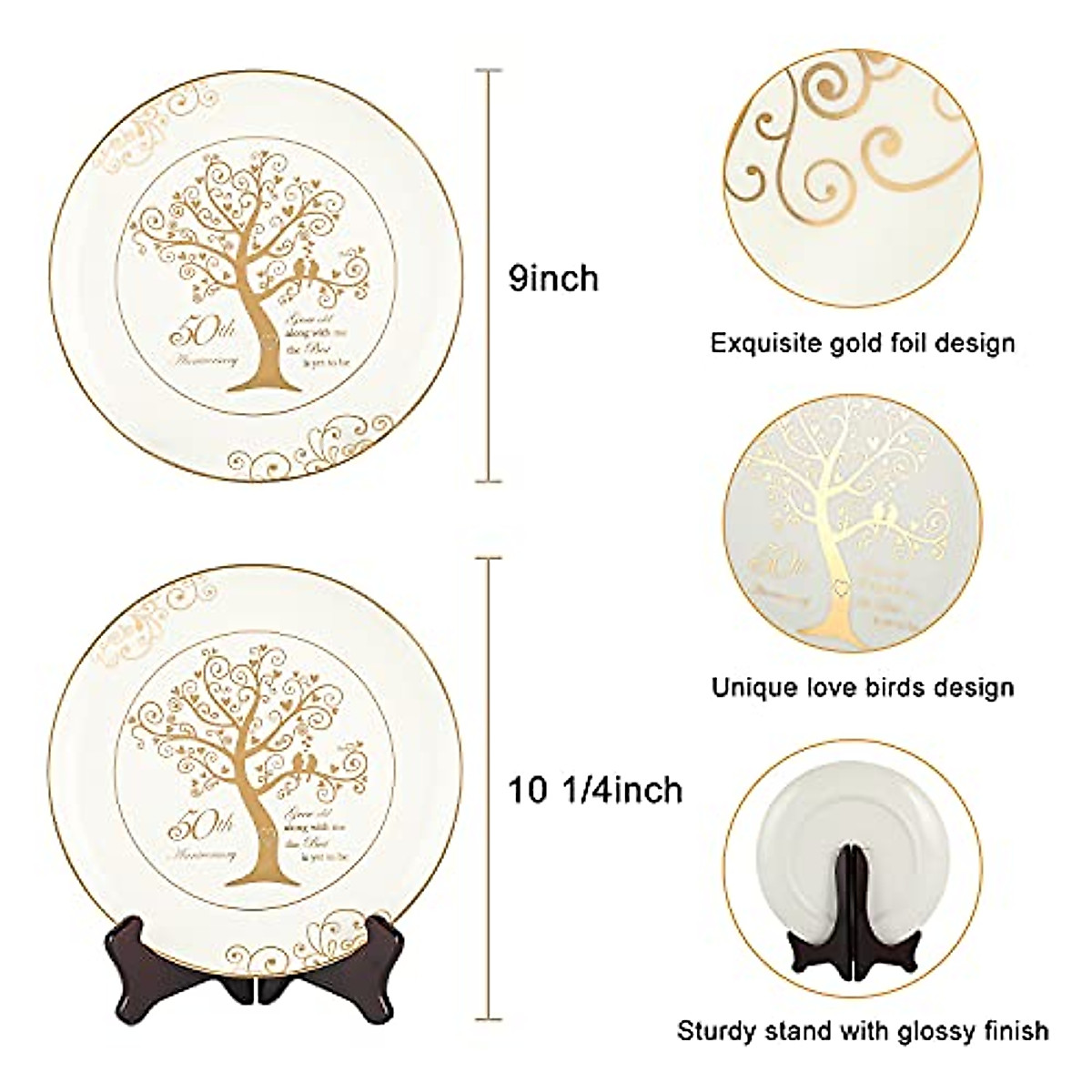 Urllinz 50th Anniversary Plates with 24k Gold Foil-50th Anniversary Wedding Gifts for Parents Couples,Valentine's Day Gifts, 50 Year Golden Wedding Gifts,Porcelain Plate for Her Him with Stand 9 Inch