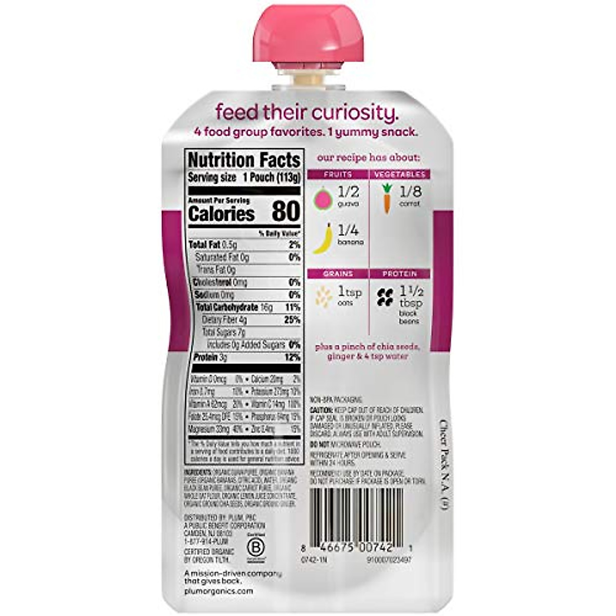 Plum Organics Mighty 4 Blends Guava, Banana, Black Bean, Carrot, Oat, 4oz