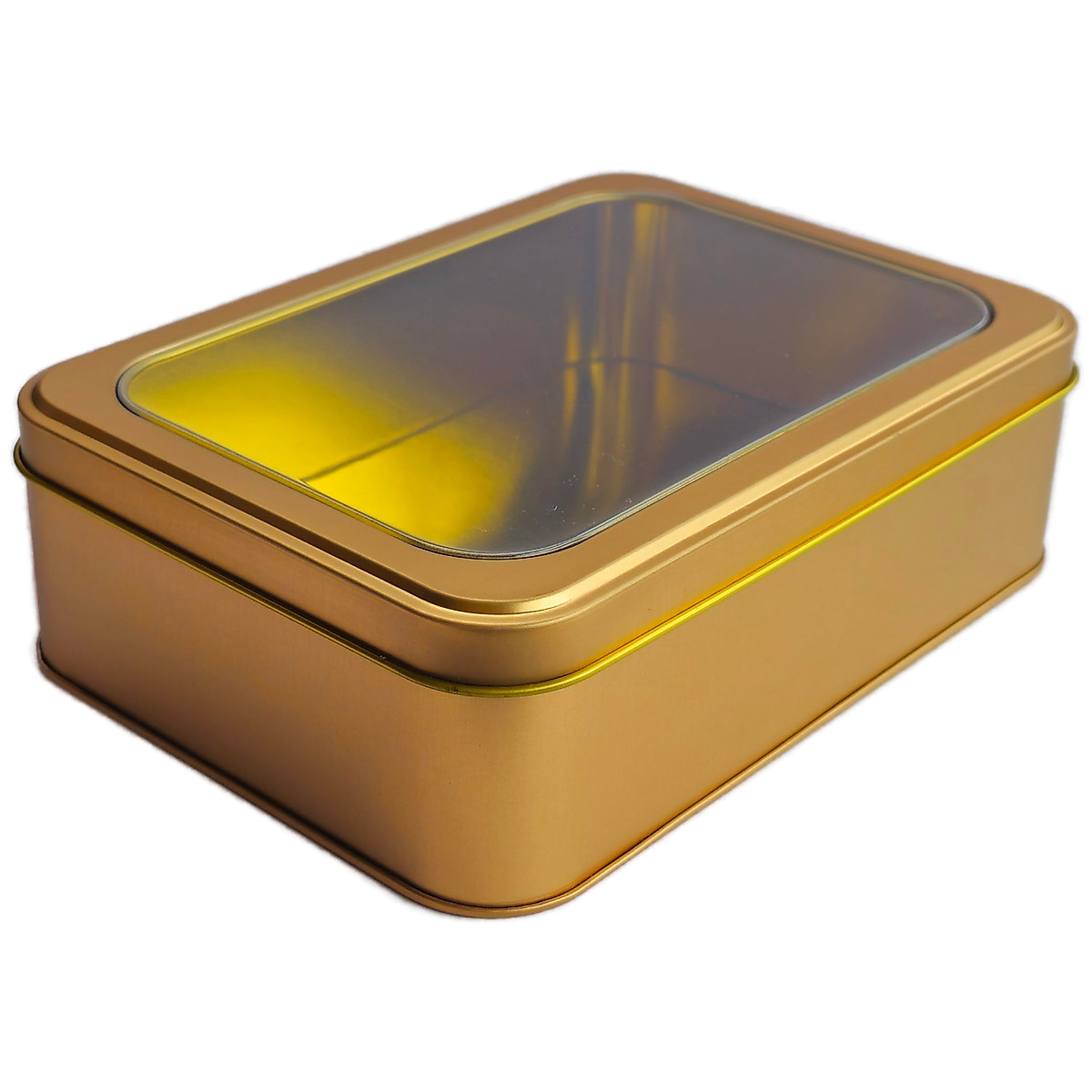 hadaaya Gold Rectangular Tin Container With Clear Lid, Single Piece Christmas Cookie Tin, Festive Tin for Gift Giving & Holiday Treats - Multipurpose Use Medium Size Tin Container