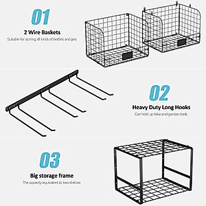 ThreeHio Garage Shelf Wall Mounted with Wire baskets, Heavy Duty Garage Wall Shelving with Garden Tool Rack and Hooks, Wire Shelf Baskets Tool Organizer for Home Garden Garage Organization and Storage