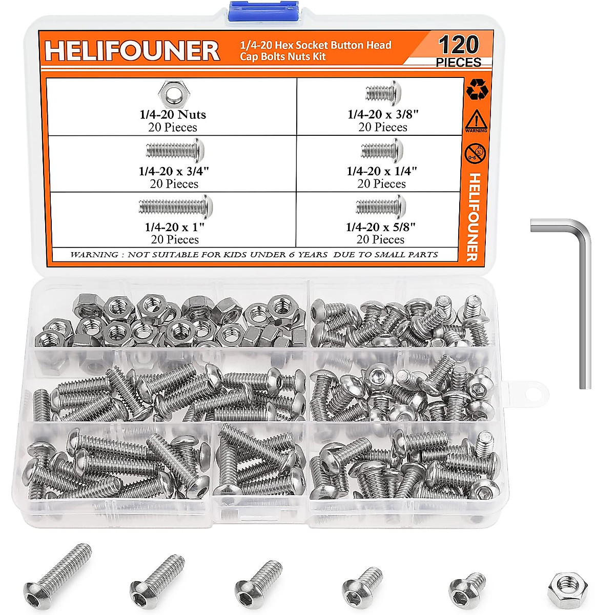 HELIFOUNER 120 Pieces 5 Sizes 304 Stainless Steel 1/4-20 x 3/8" 1/2" 5/8" 3/4" 1" UNC Thread Hex Button Head Cap Bolts Kit